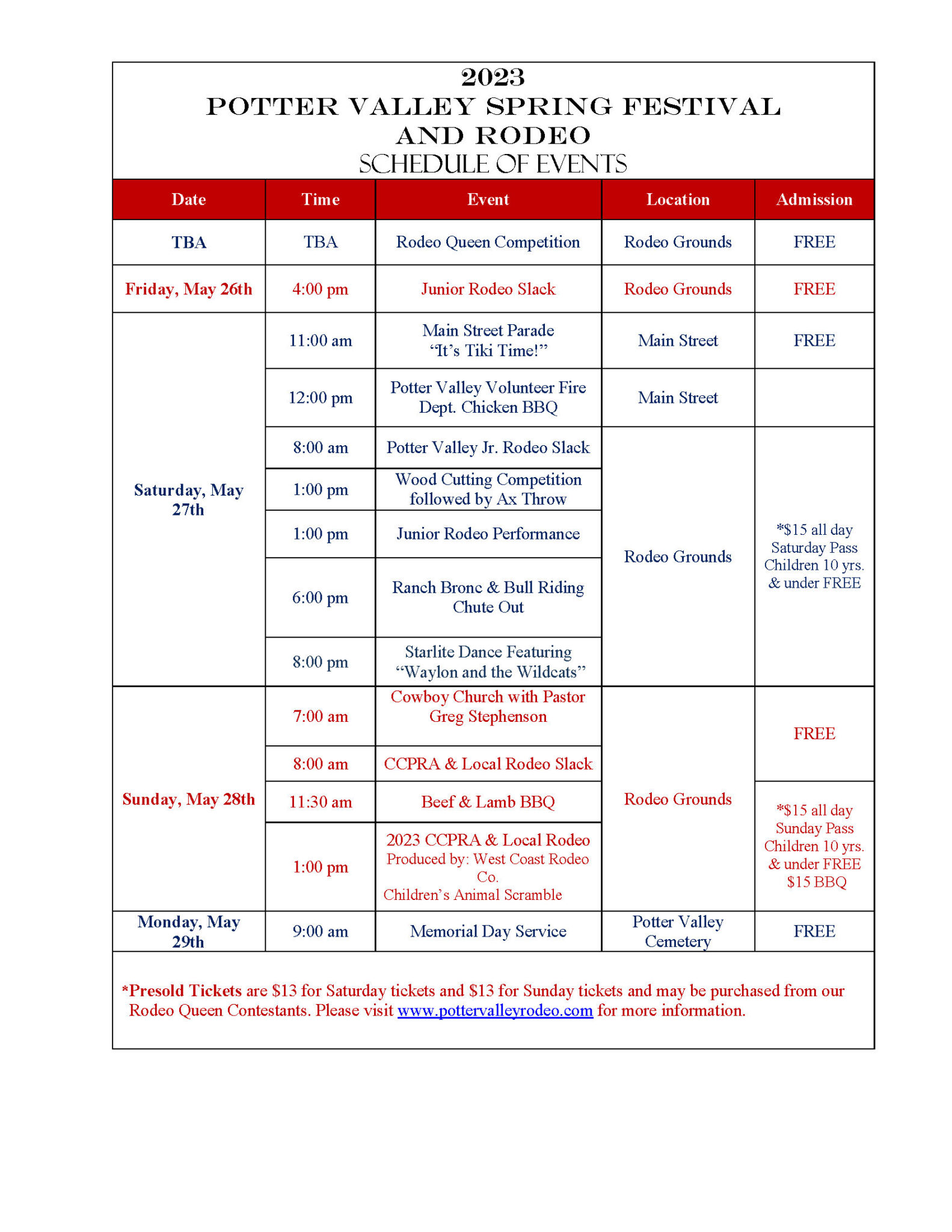 Schedule – Potter Valley Rodeo